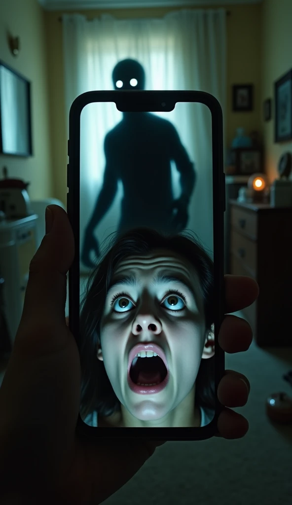 A reflection on a mobile phone screen showing the face of the terrified ...