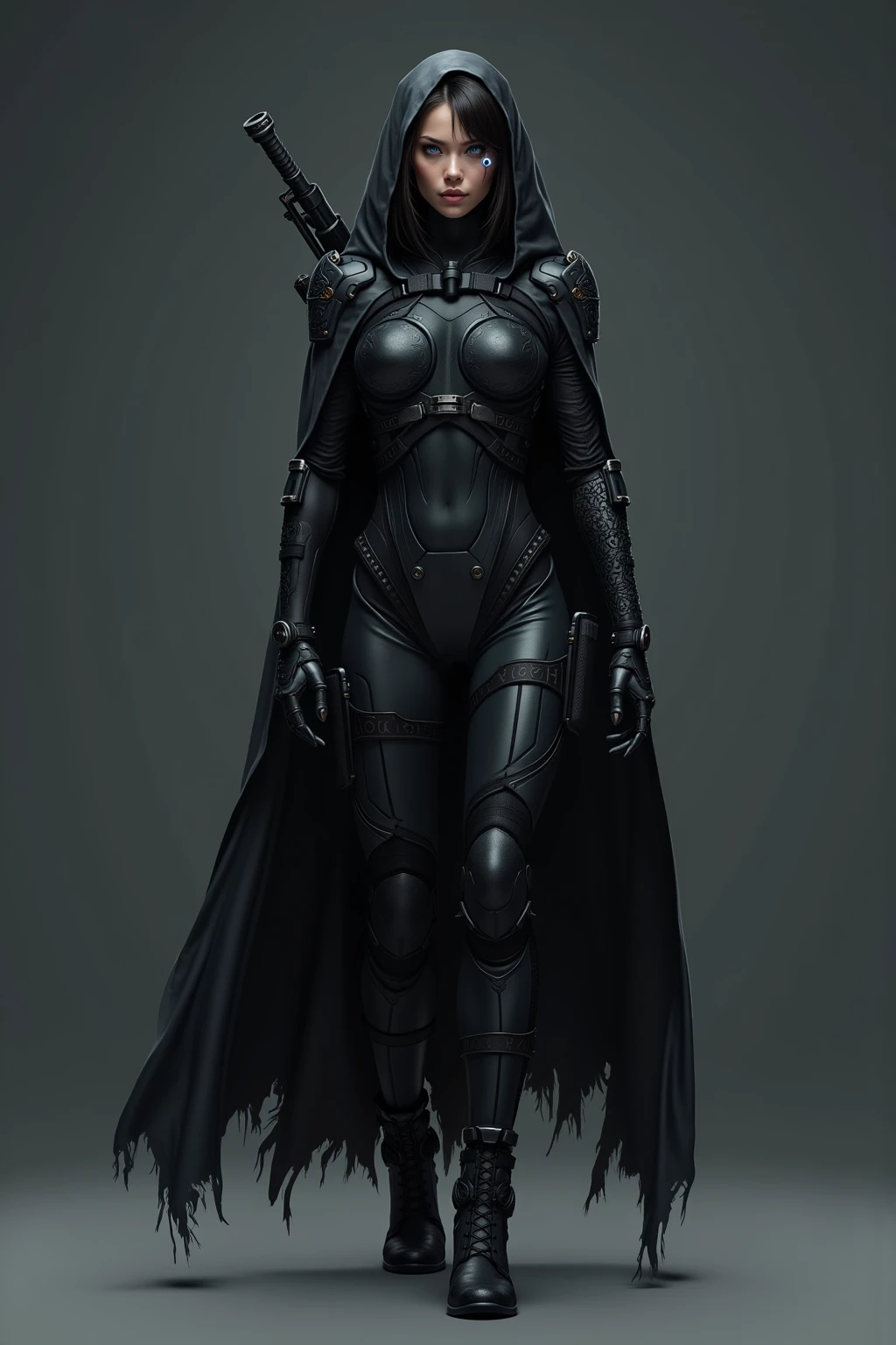 1girl, Solo, cybernetic bounty hunter, sleek, athletic frame is a mix ...