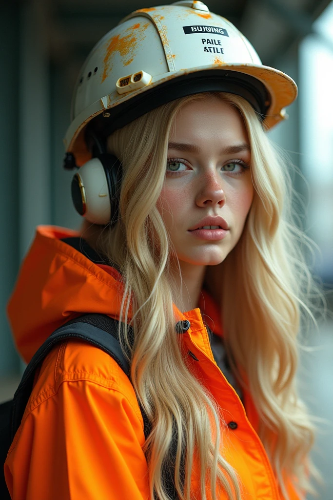 Hyper-realistic beautiful blonde girl wearing a building hat and a hi ...