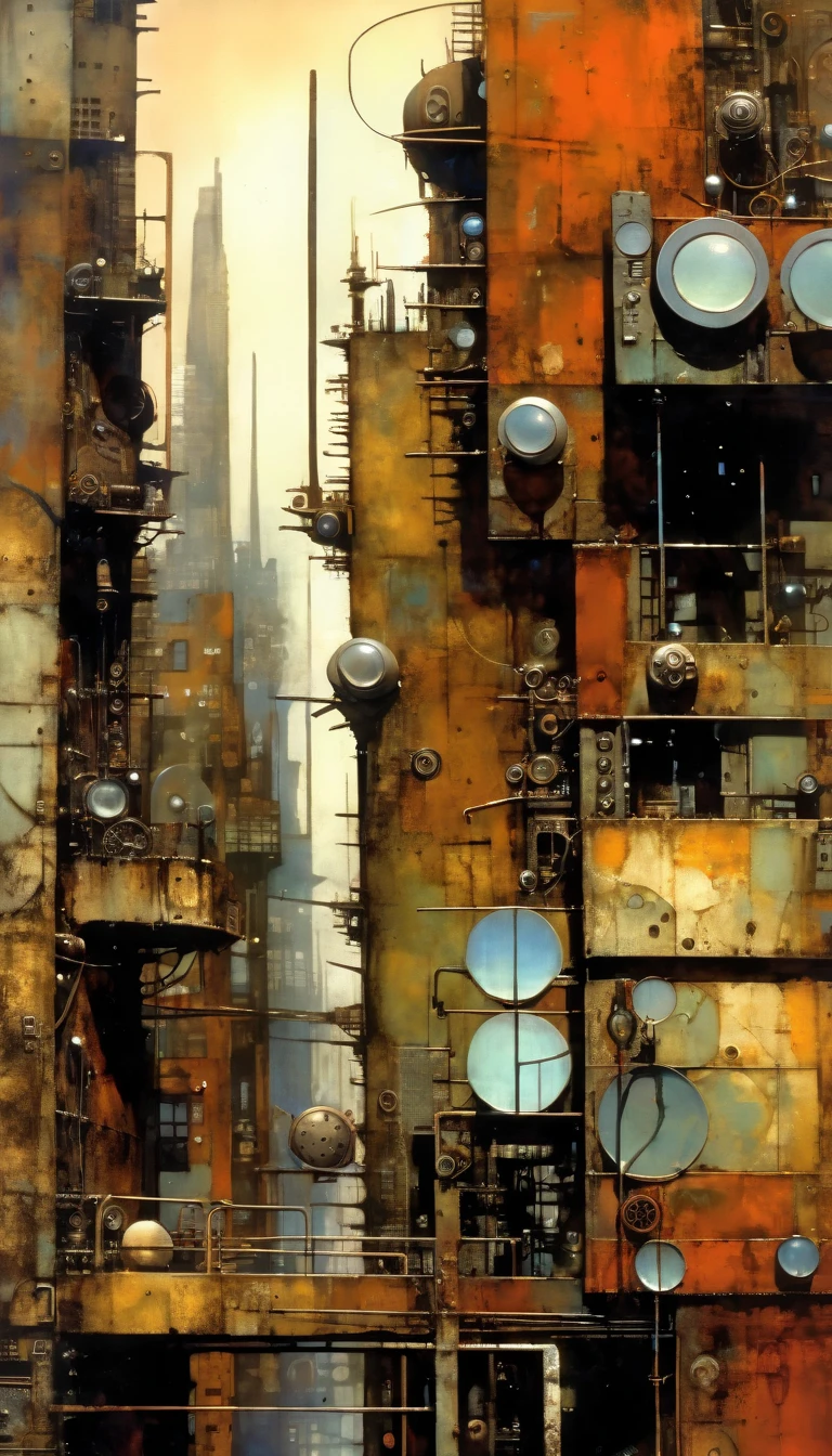 Futuristic city.1.5, rusty metal city, lots of details (Dave Mckean ...
