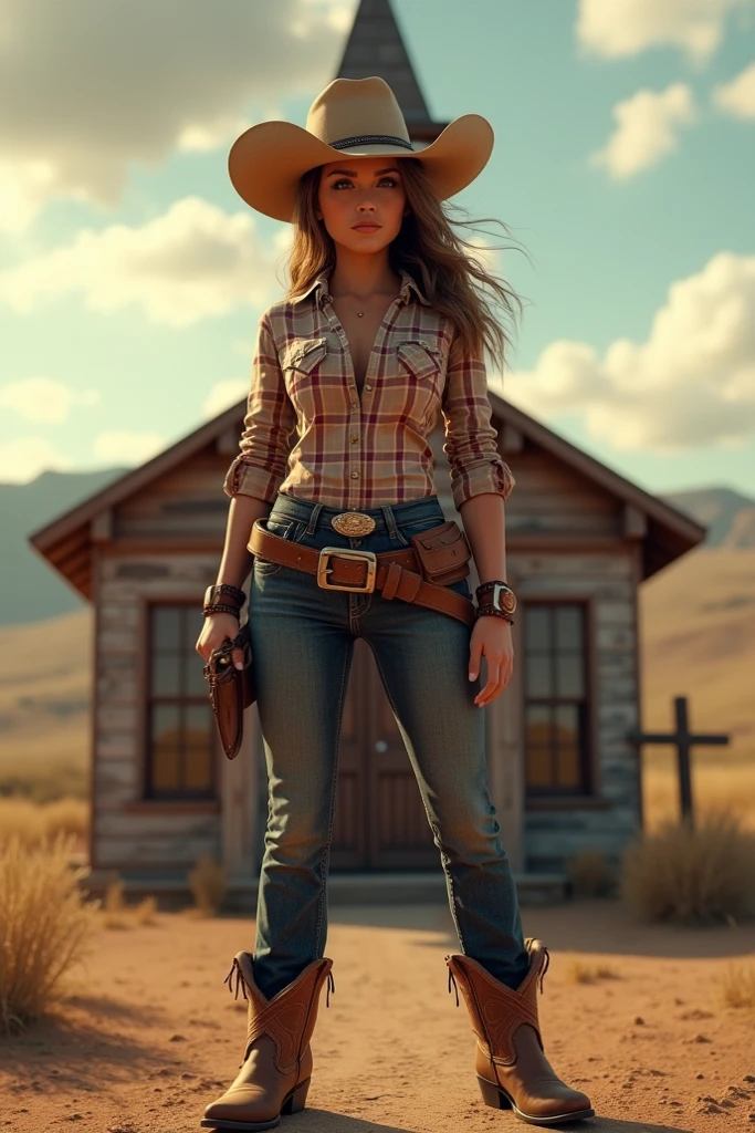 Cowgirl with cowboy chapel and checkered outfit - SeaArt AI