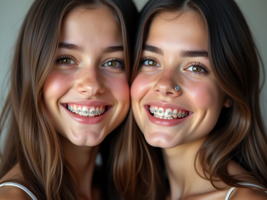 Photorealistic, 8k, close up of the faces of two beautiful twin British ...