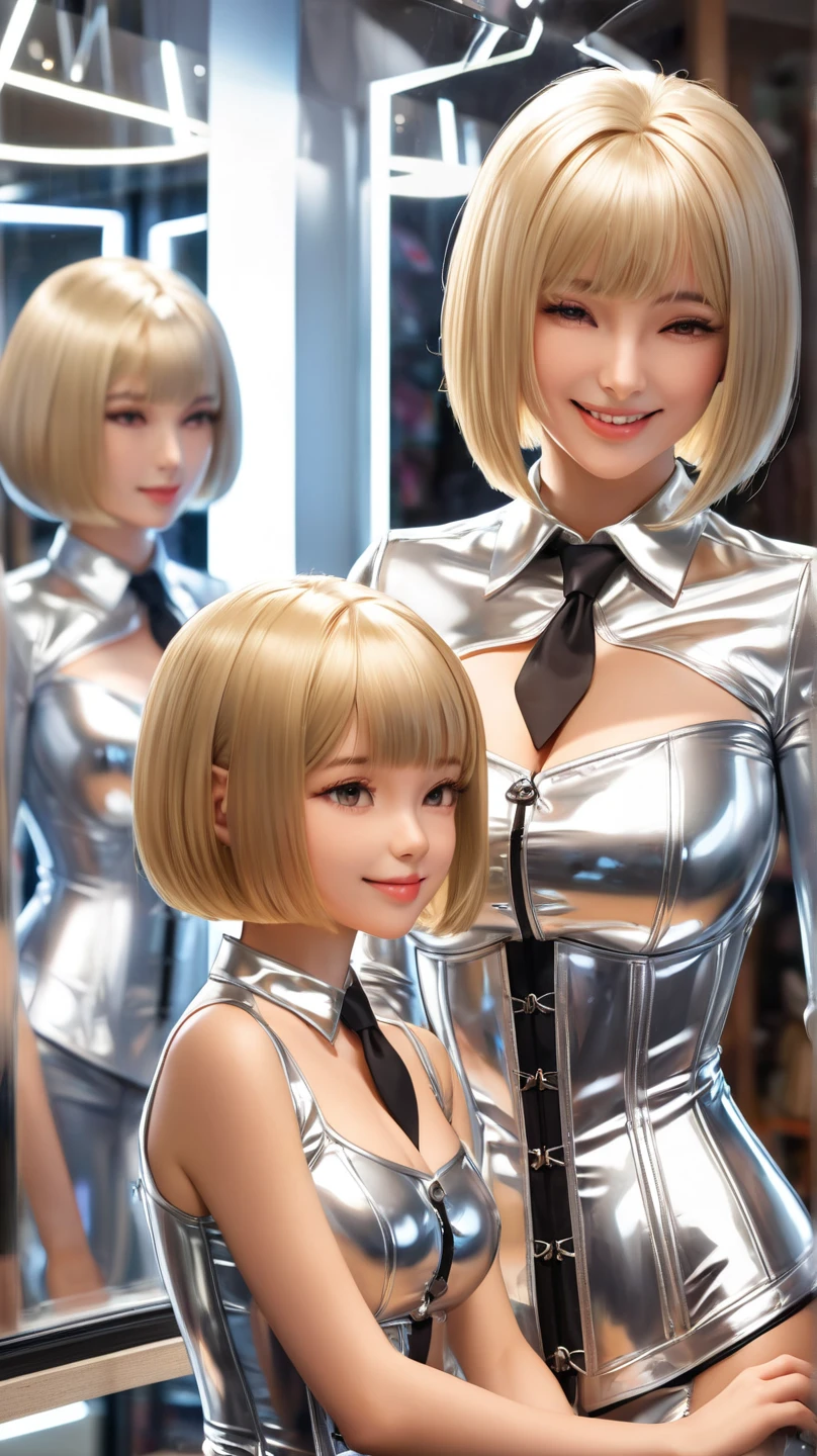 Mother And Daughter In Extremely Tight Shiny Silver Blouse Buttoned