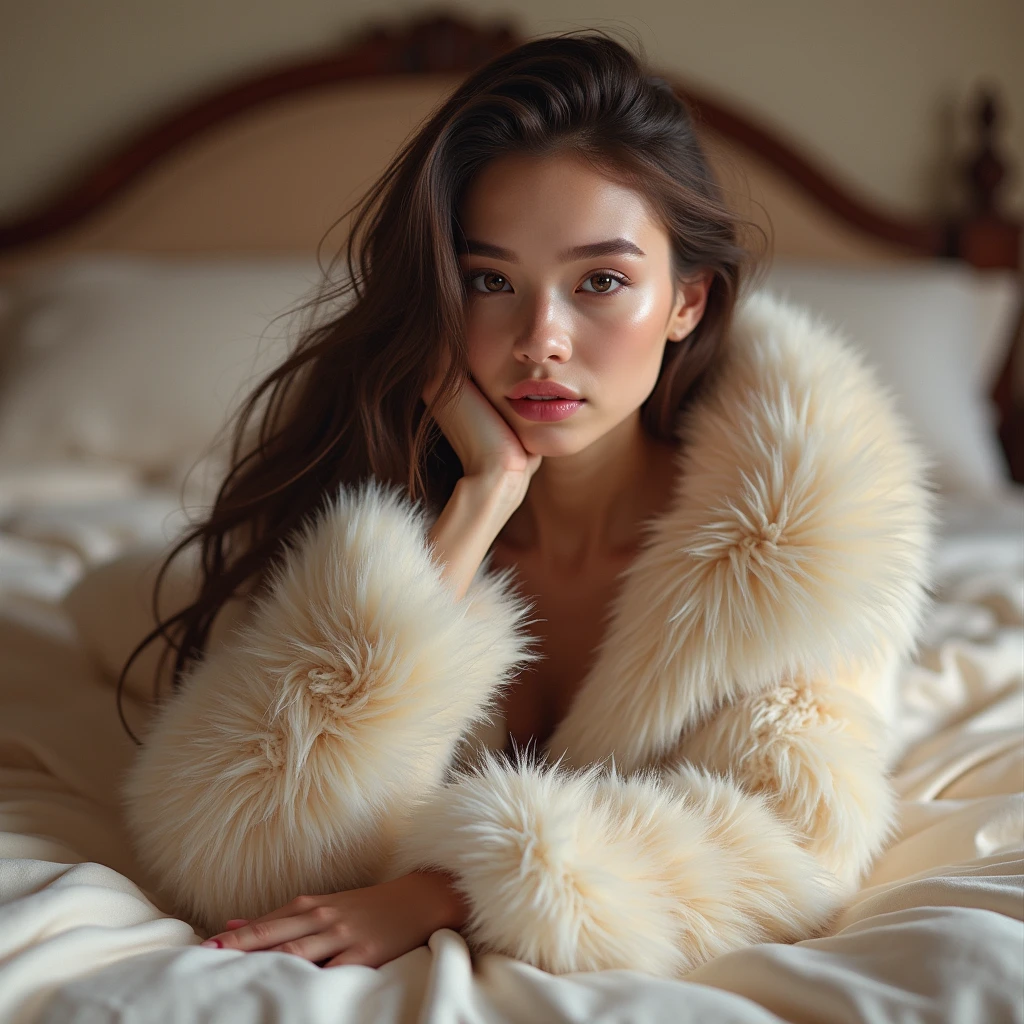 Puffy fur coat, 1 fille, sur un bed , corp complet ,Cheveux Longs ...