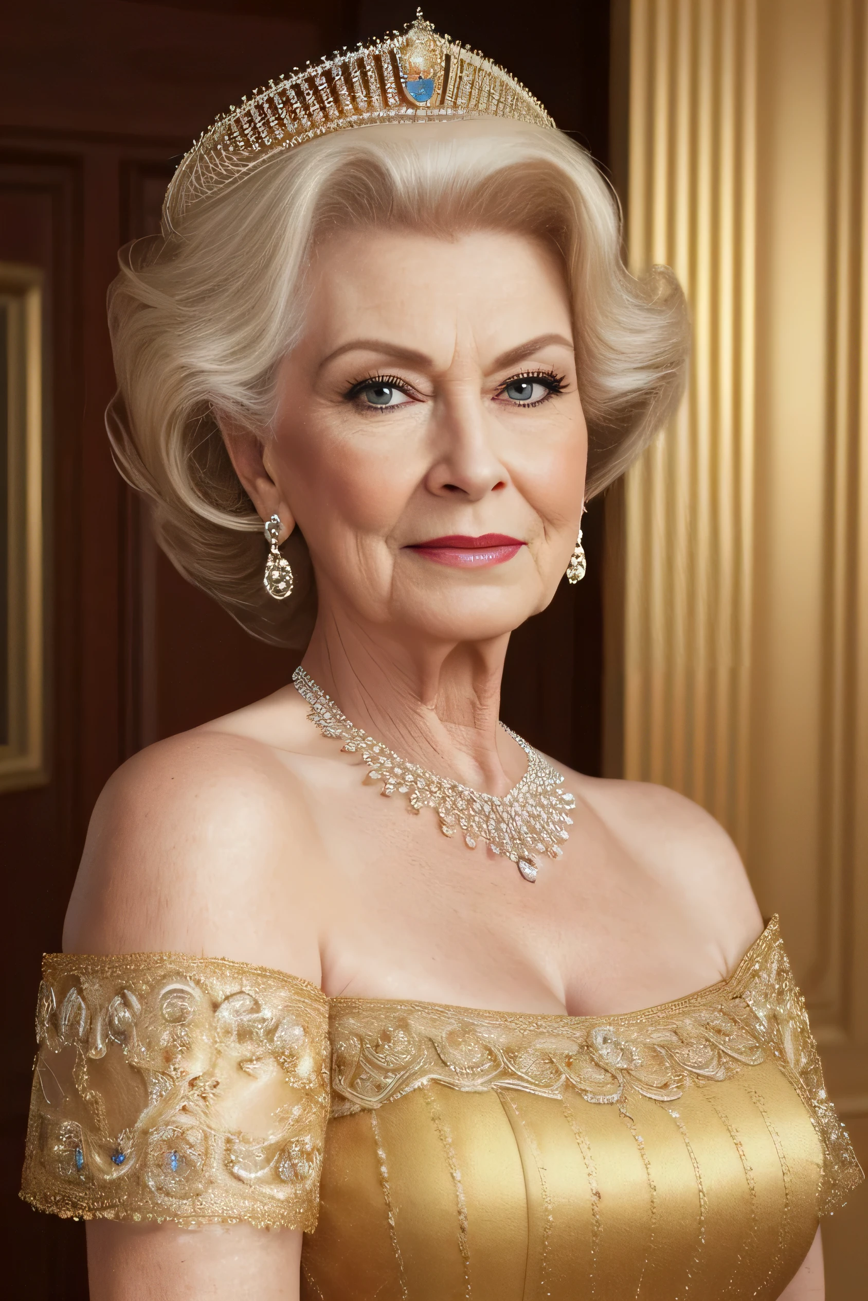 A close up of a woman wearing a tiara and a gold dress - SeaArt AI