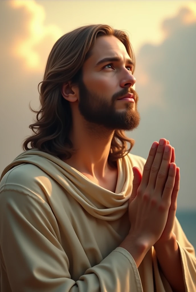 (Photorealism: 1.2), Handsome Jesus Christ in a peaceful praying pose ...