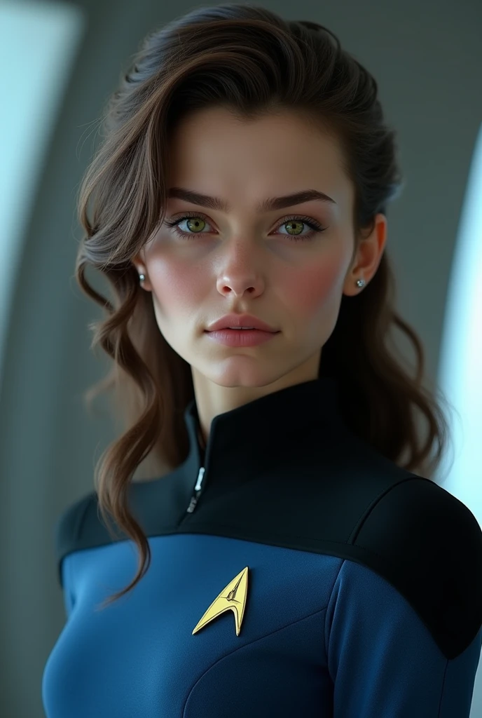 Young romulan female officer blue uniform green eyes wavy brown hair ...
