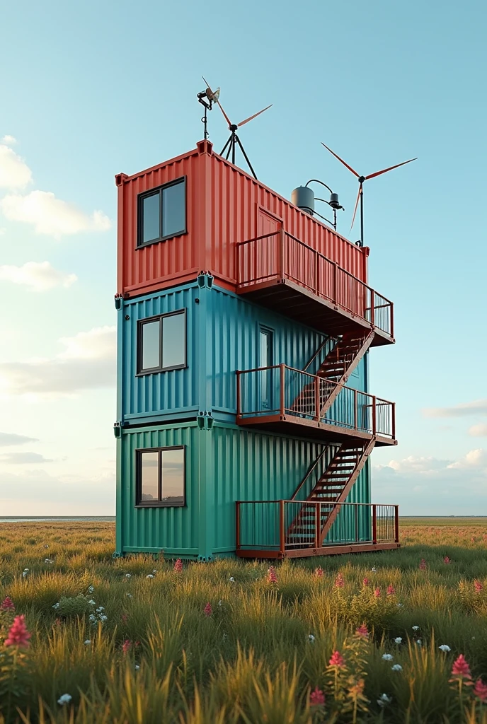 In a field, there is a tower of four maritime containers 40 feet ...