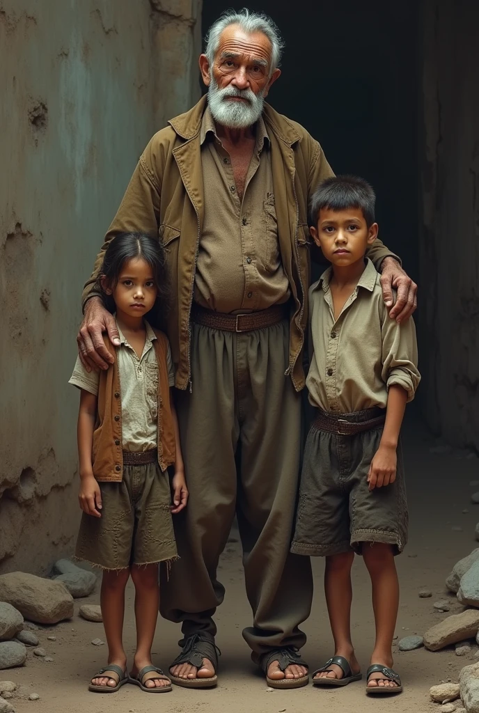 A family consist of old poor father poor younger daughter and poor son ...