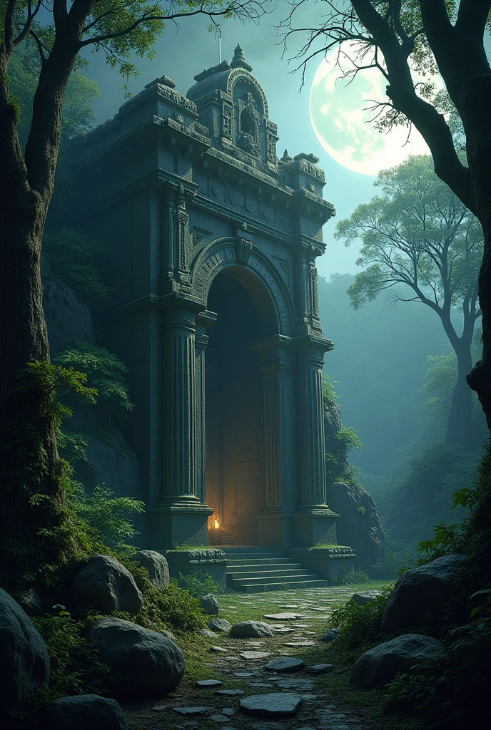 A tomb of stones and rocks in a forest shrouded in darkness illuminated ...