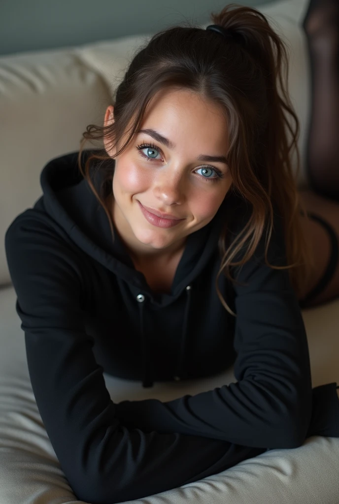 Dark brown hair、pulled back ponytail、teaing smile、 she wears a black ...