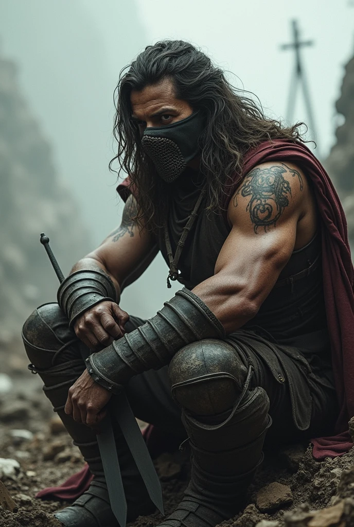 warrior, sitting in war in side pose, long hairs, mask on face - SeaArt AI