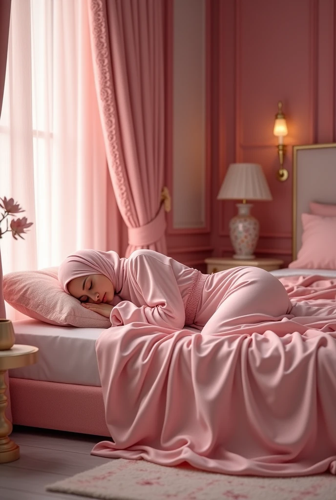 A sleeping muslim women with hijab in long pink sleeping dress view ...