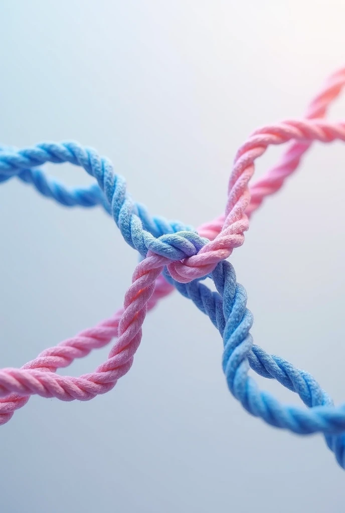 Two thread hook together parallelly. one in blue color and one in pink ...