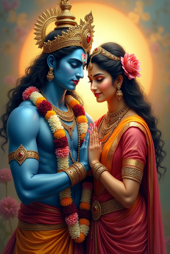A highly detailed and vibrant painting of a divine couple resembling ...