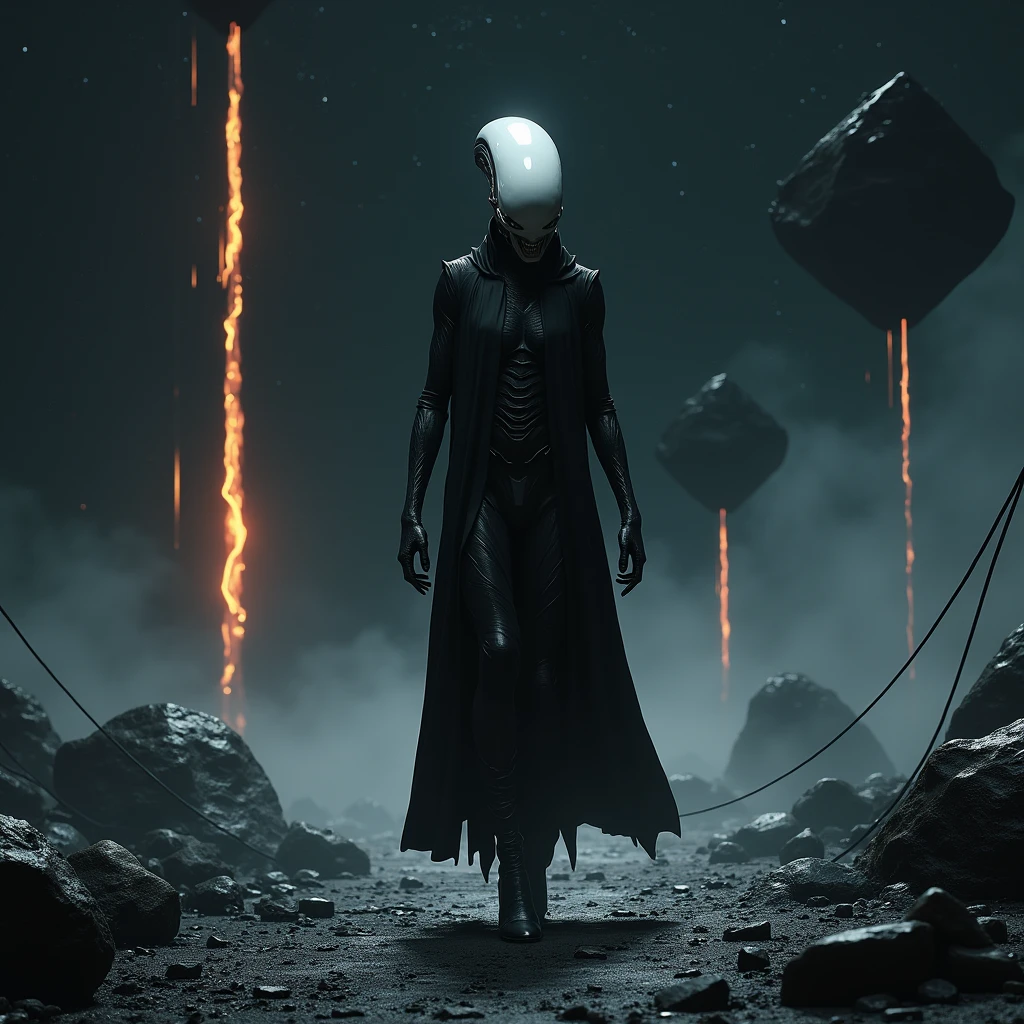 A towering xenomorph alien, its glossy white skin reflecting the dim ...