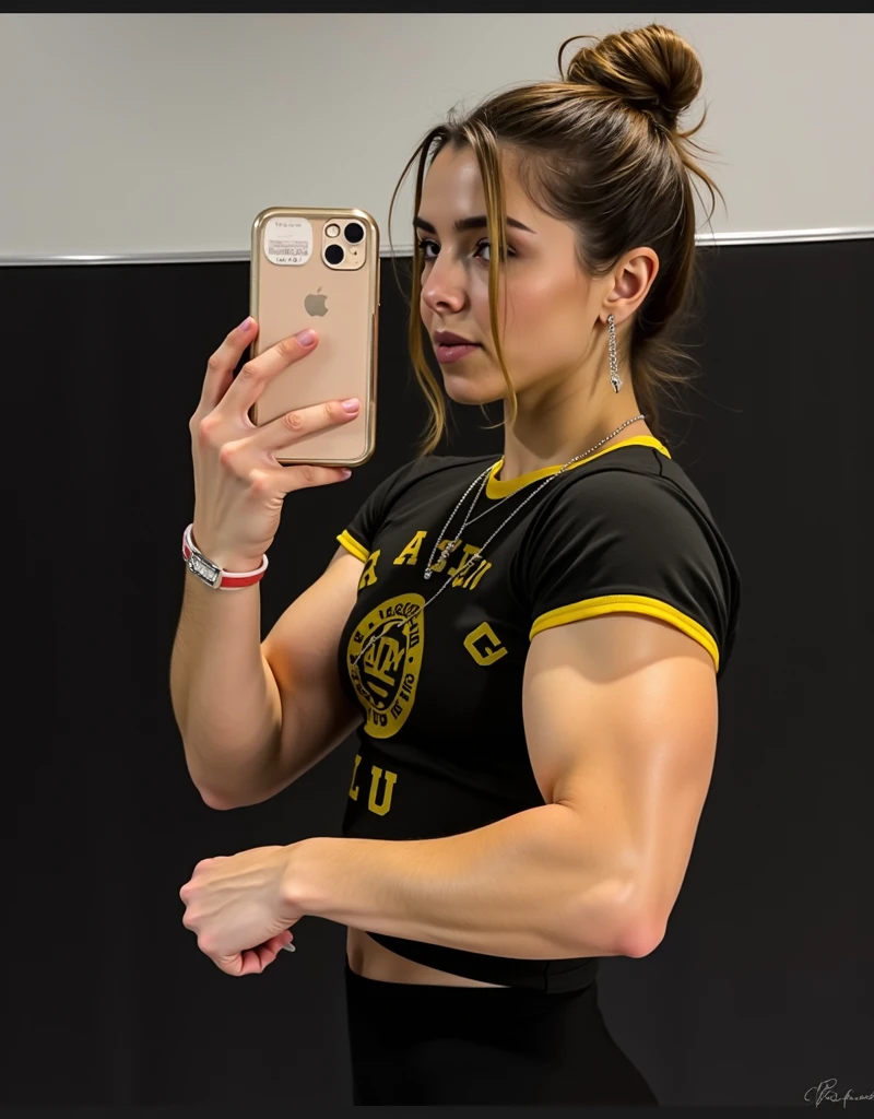 Sabrina Carpenter flexing giant biceps and arms bulging in her very ...