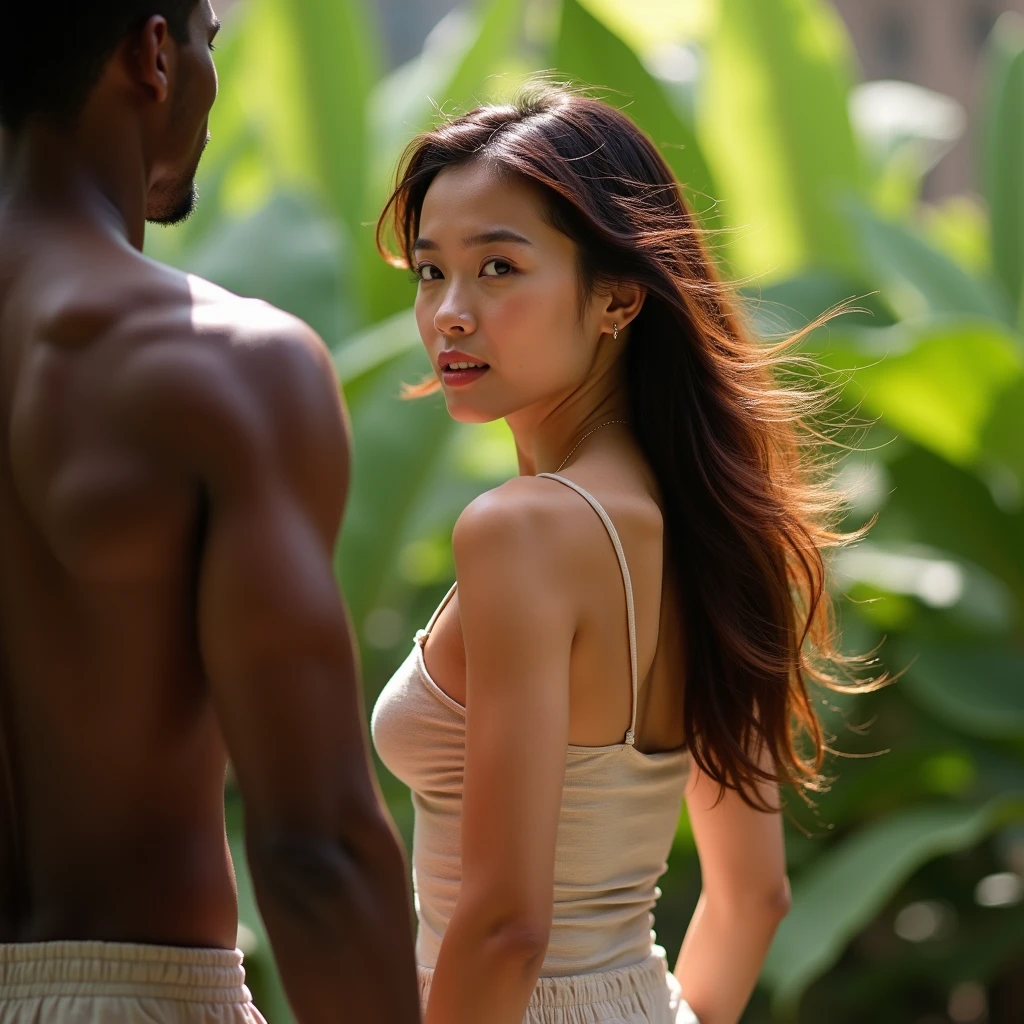 Candid, an Asian woman with flowing chestnut hair in tight linen pants - SeaArt AI