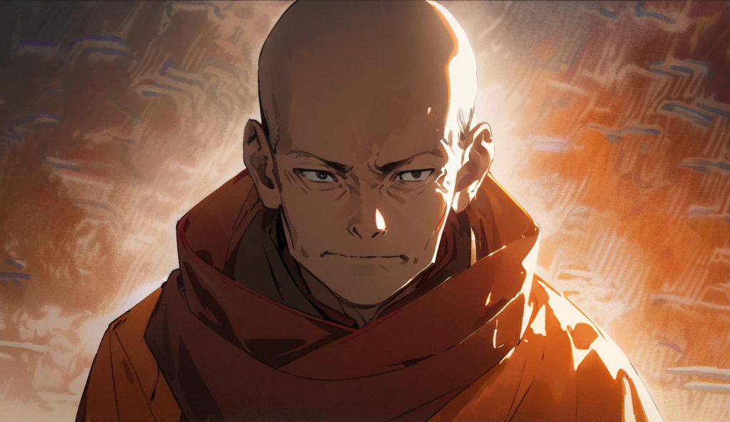 Old Tibetan monk in dark orange robes, with a calm, kind and thoughtful ...