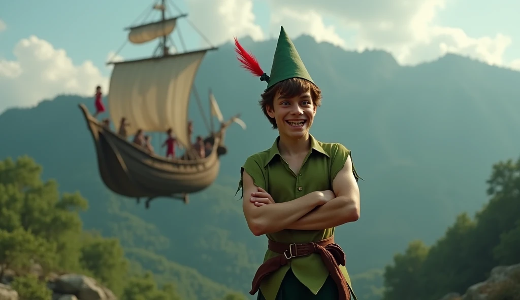 Ultra-realistic image of Peter Pan floating in the air. He looks like a ...