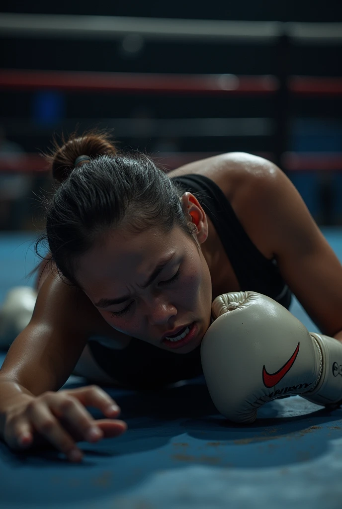 An Asian female boxer lay down at floor after losing an intense match ...