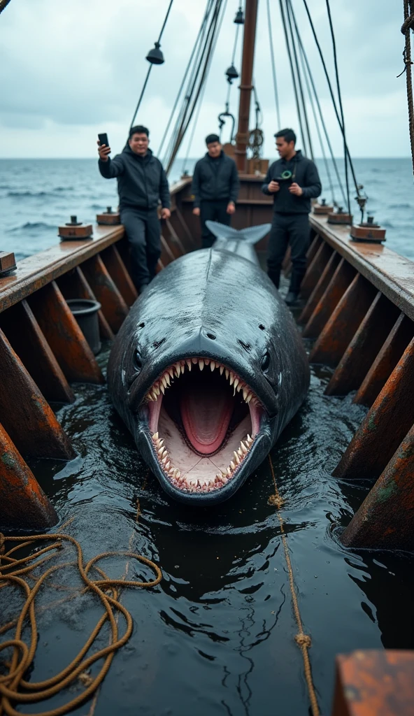 A hyper-realistic photograph of a huge all-black fish with its mouth ...