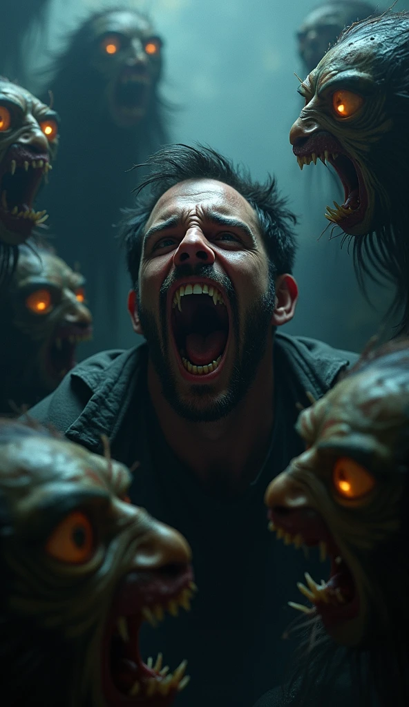 Fx-Monster screaming man surrounded by horrifying monsters ...