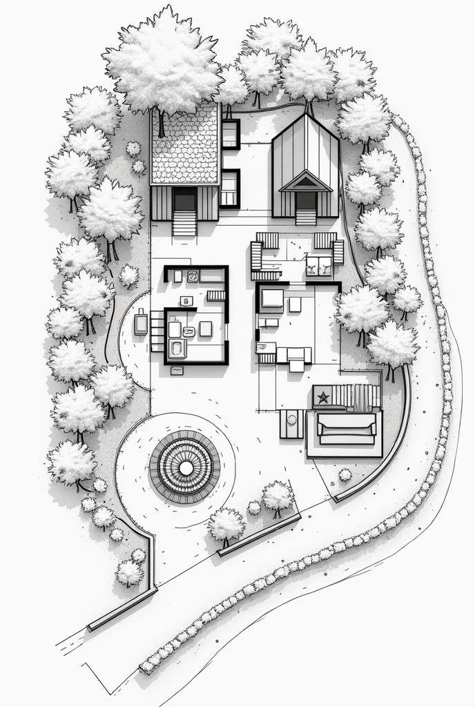 Can you make me a black and white plan of a 5-hectare farm with two ...