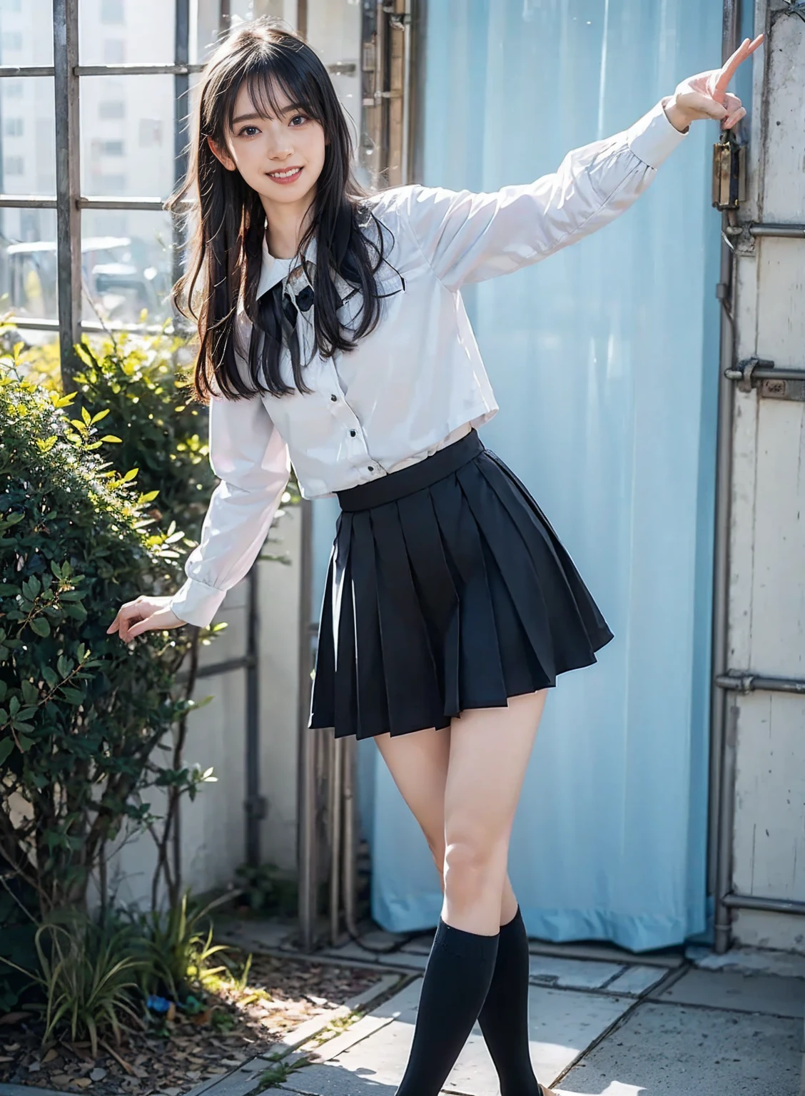 Arafed asian woman in a skirt and a white shirt posing for a picture - SeaArt AI