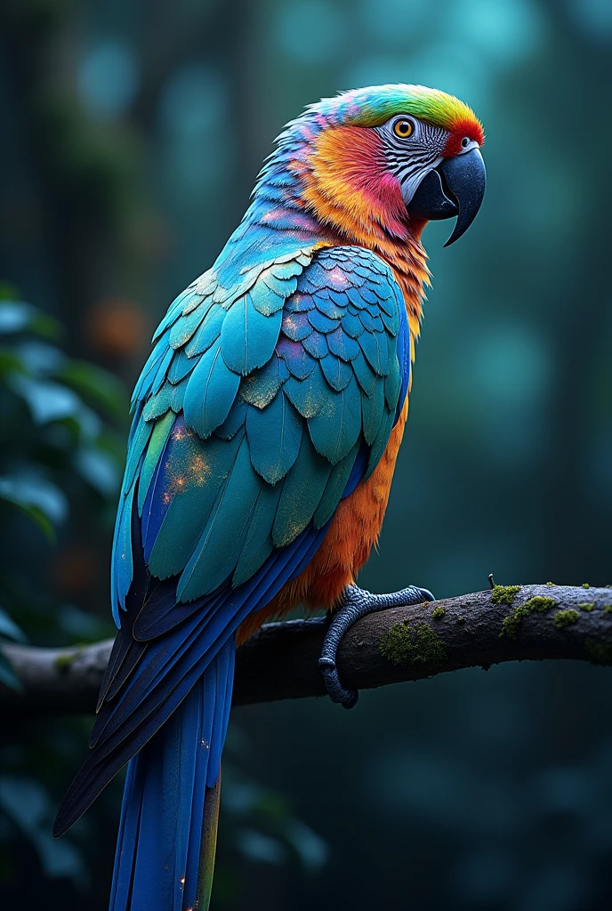 Create a vibrant parrot with a cosmic design, which each features of ...