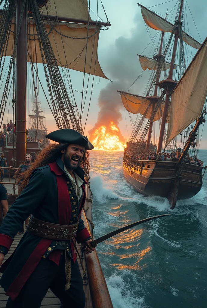 A scene inside a ship: Pirates attack the enemy ship gracefully and ...