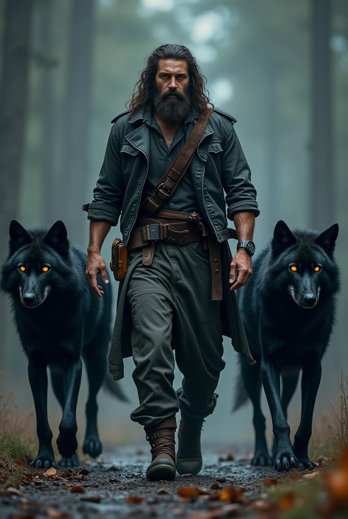 A strong, bearded man walking between two fierce, fire-eyed black ...