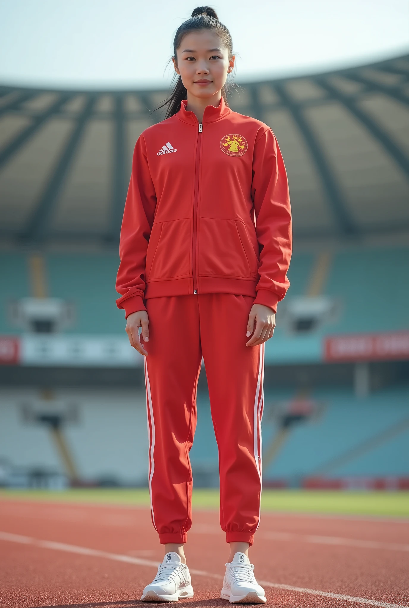 Arafed woman in red tracksuit standing on a track in a stadium - SeaArt AI