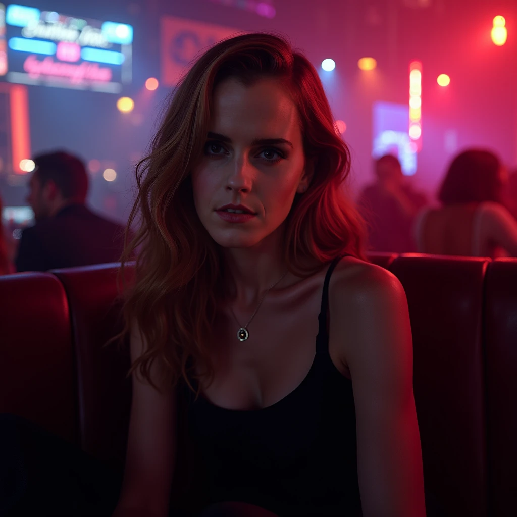 Portrait of Emma Watson sitting on a chair on a nightclub - SeaArt AI