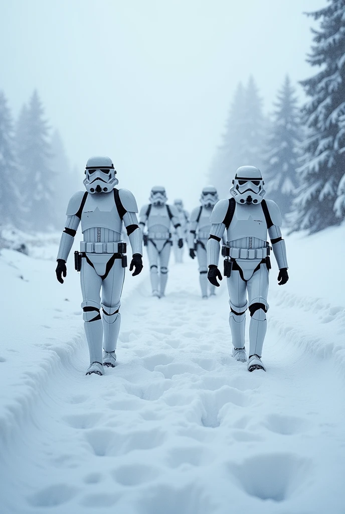 A snowy landscape with a troop of Stormtroopers marching across - SeaArt AI
