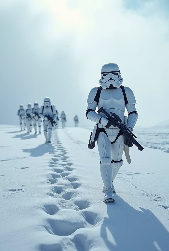 A snowy landscape with a troop of Stormtroopers marching across - SeaArt AI
