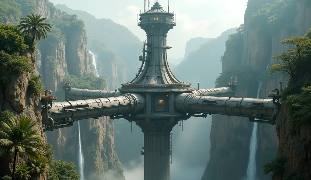 a fantastical, futuristic structure situated in a dramatic landscape ...