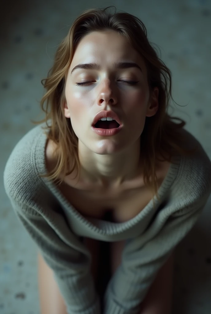 Photorealistic, female younger woman, Swedish, eyes closed, mouth very wide open - SeaArt AI