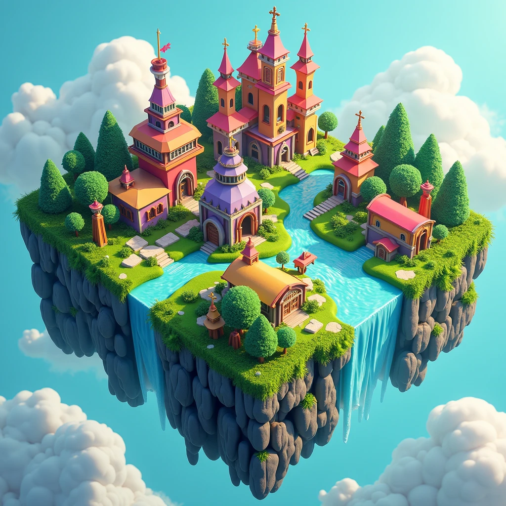 A square planet ， with colorful buildings and natural scenery on it ...