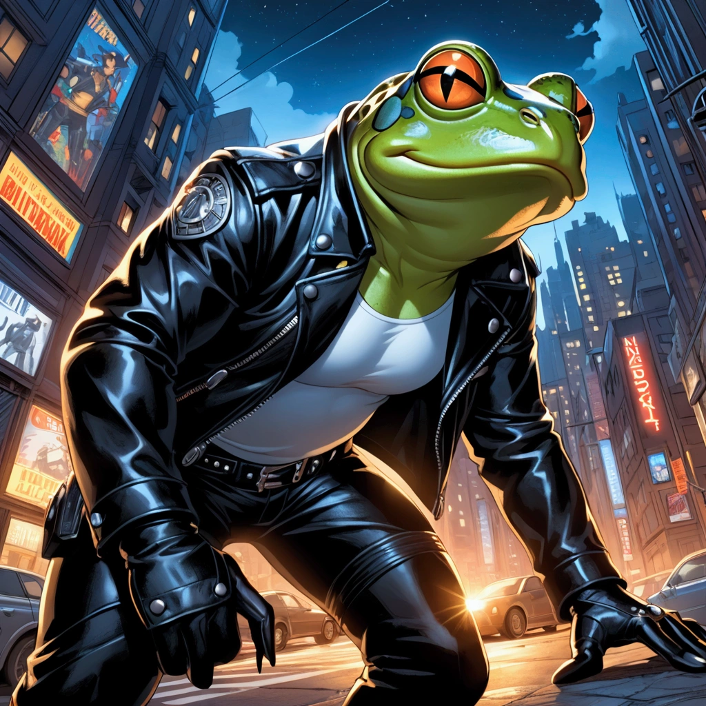 Closeup, An extremely badass light blue and white bullfrog with a bold ...