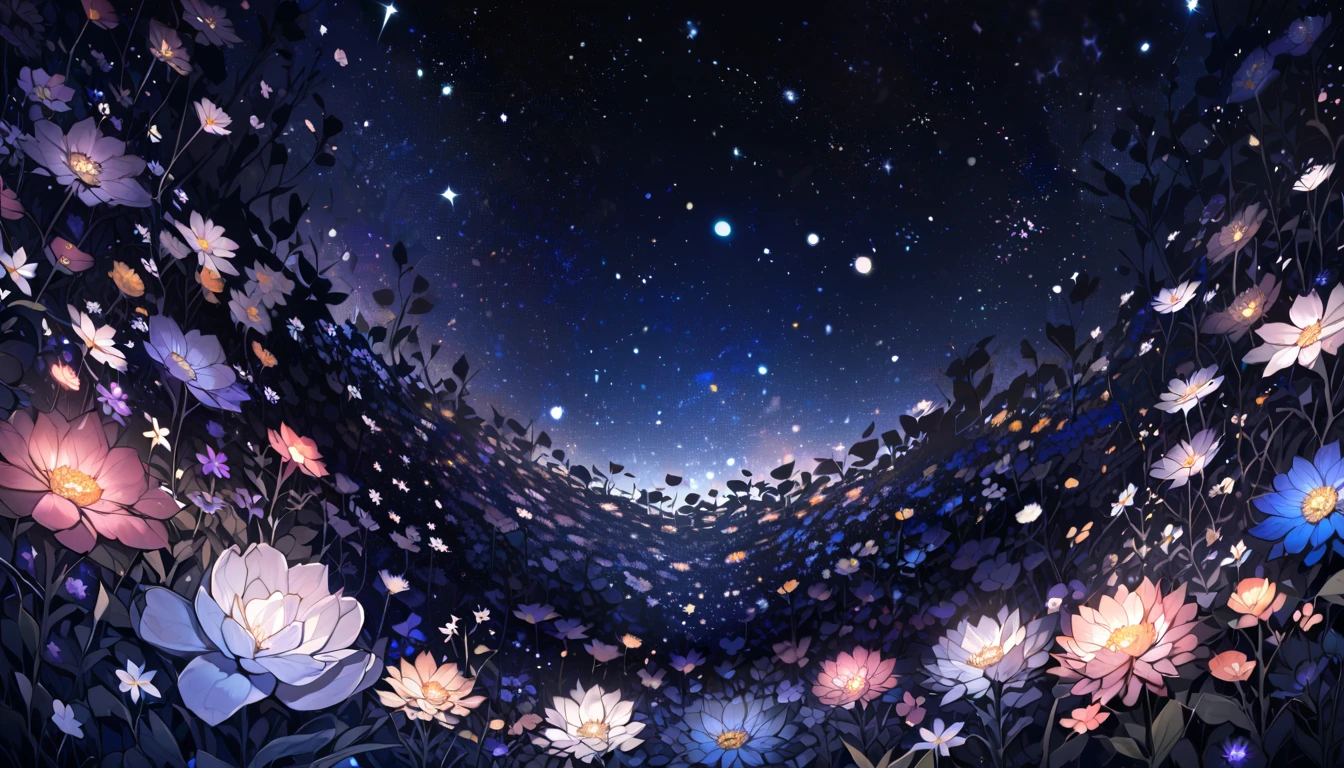 starry night sky, lots of flowers , above a completely dark - SeaArt AI