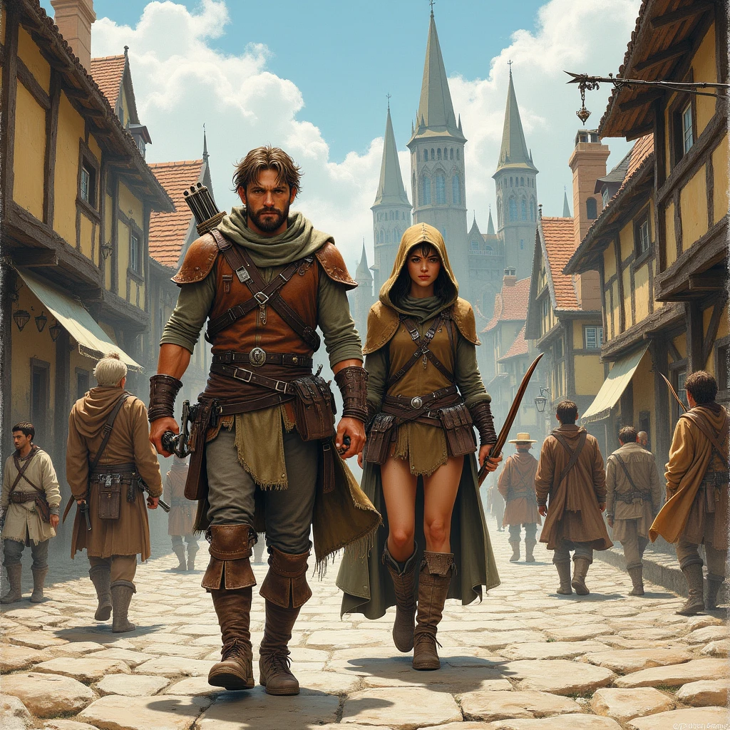 Medieval fantasy characters, male and female adventurers, walking ...