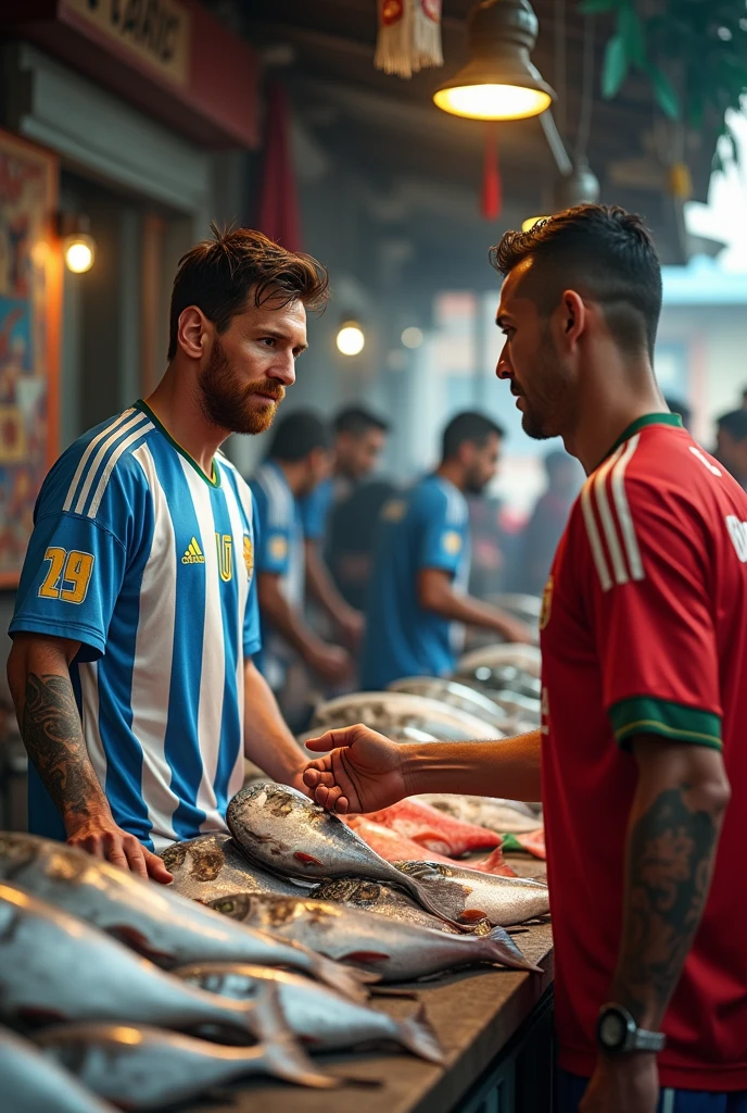 Messi is selling fish with short hair in an argentina jersey and a ...