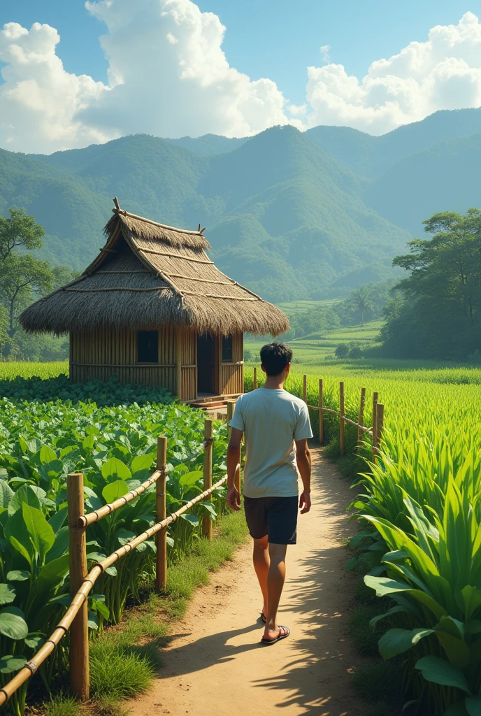 The thatched bamboo hut house in the hills with spinach plants and rice ...