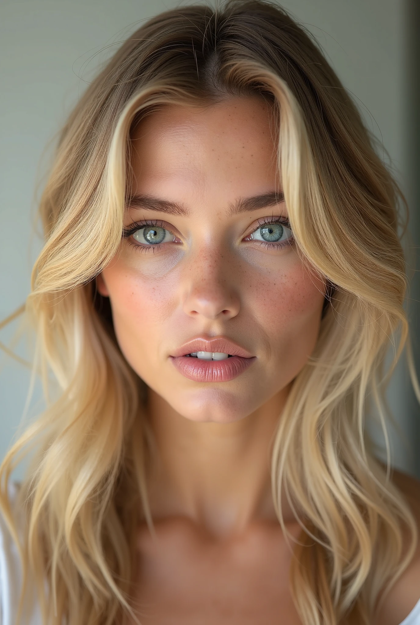 Blond woman with blue eyes and long blond hair posing for a picture - SeaArt AI