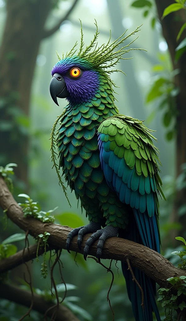 Here is the image of a parrot hybrid with vine-like feathers - SeaArt AI