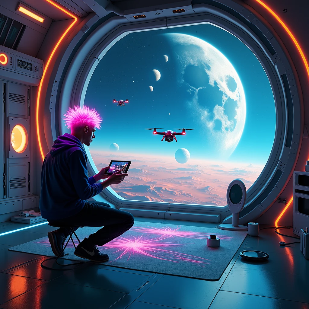Inside a high-tech space station, a futuristic male artist with glowing ...