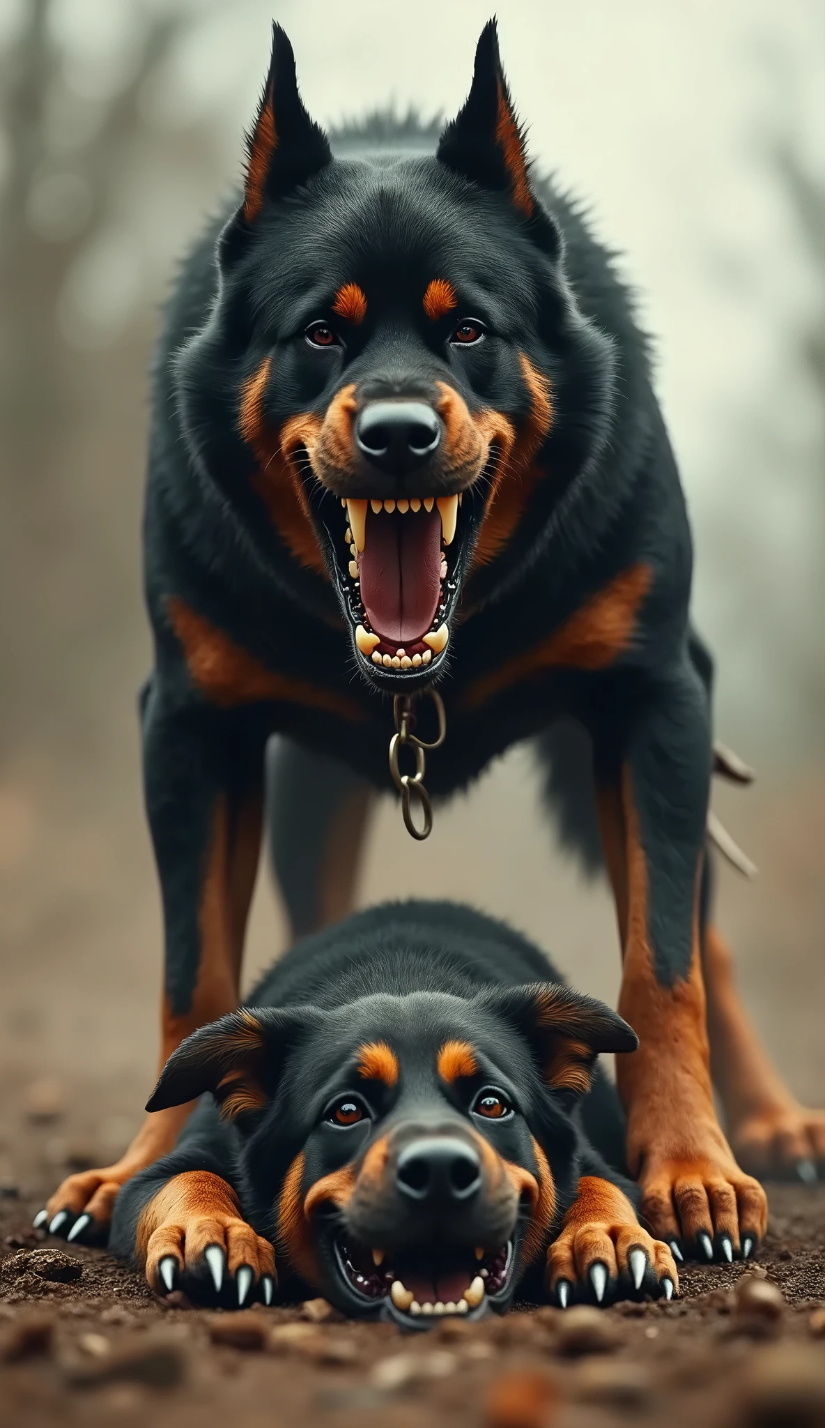 There are two dogs that are standing on the ground together - SeaArt AI