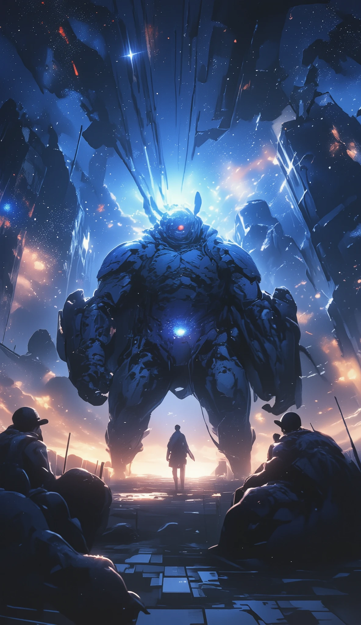 Anime scene of a giant robot standing in a field with a man in the ...