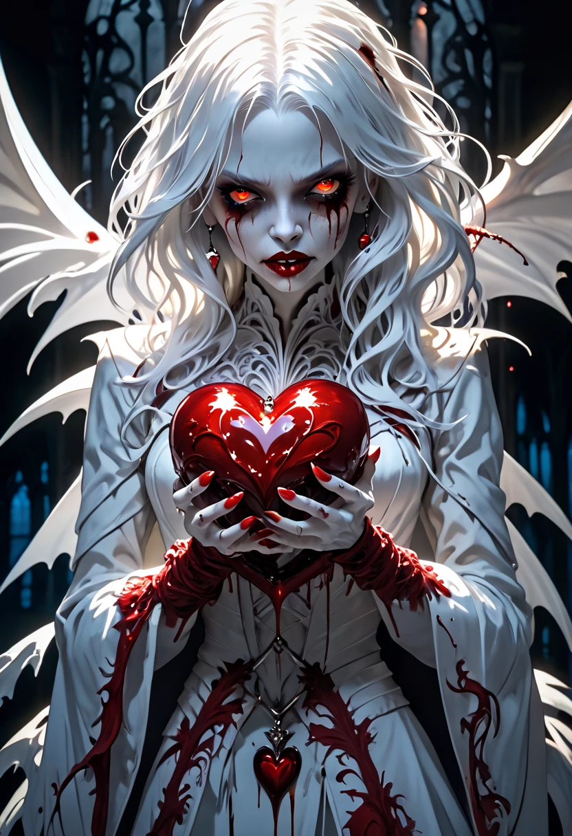 White-skinned vampire , bleeding eyes , tears of blood, holds heart in ...